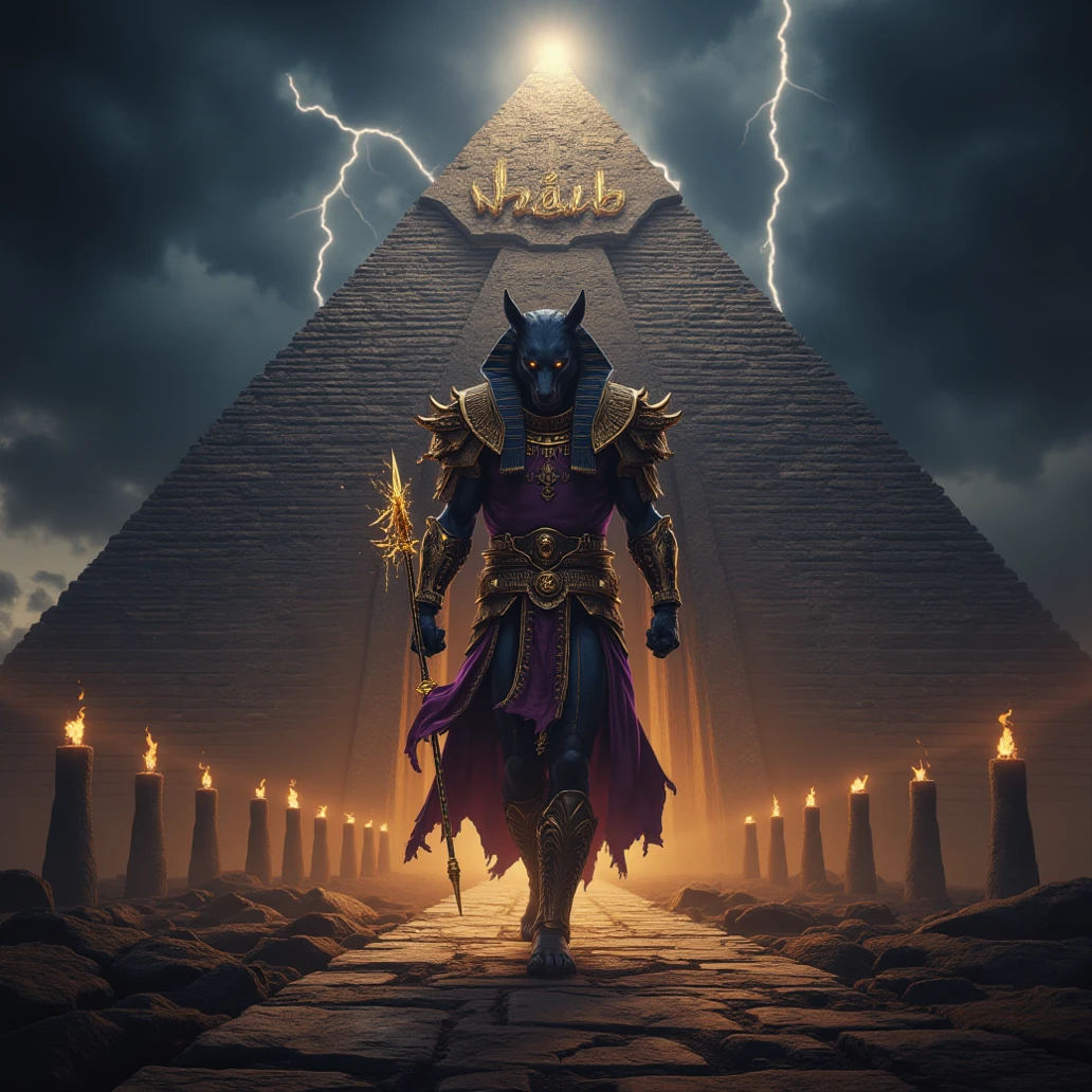 Low angle shot of Anubis, the ancient Egyptian god, walking from the ...