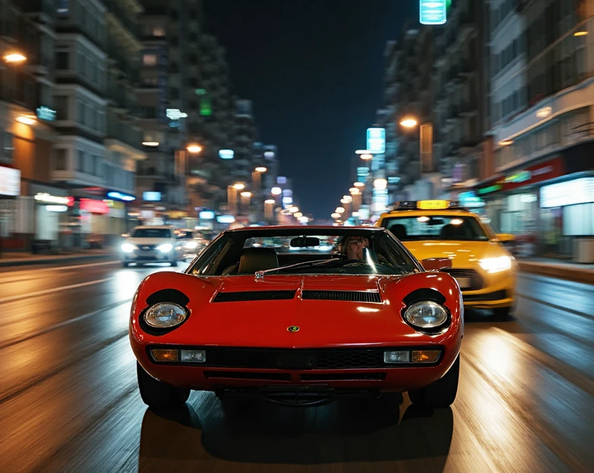 Lamborghini Miura、Night City Ride 、motion blur、Ahead、 - SeaArt AI