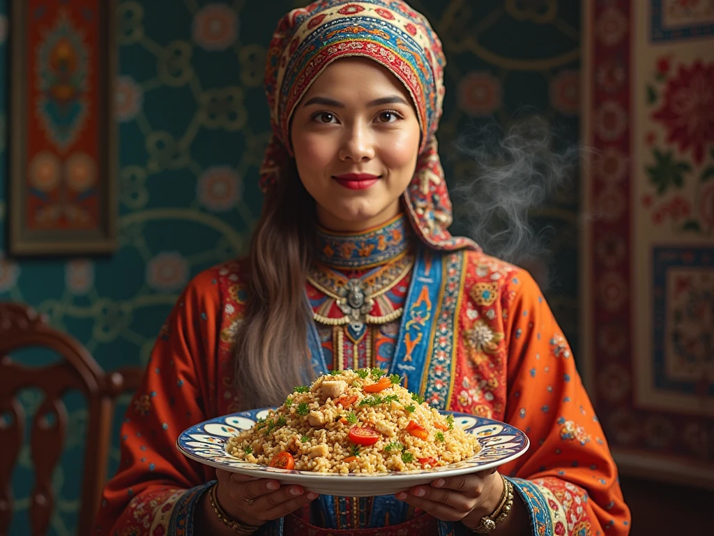 Uzbek woman in national dress and a skullcap on her head holding ...