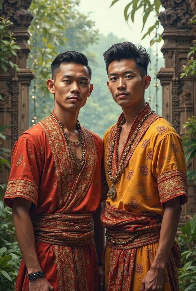 Two men looking at camera with balinese outfit . , with temple or bali ...