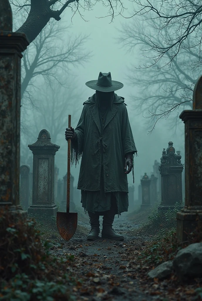 Create a horror image of a gravedigger in the cemetery with a shovel ...