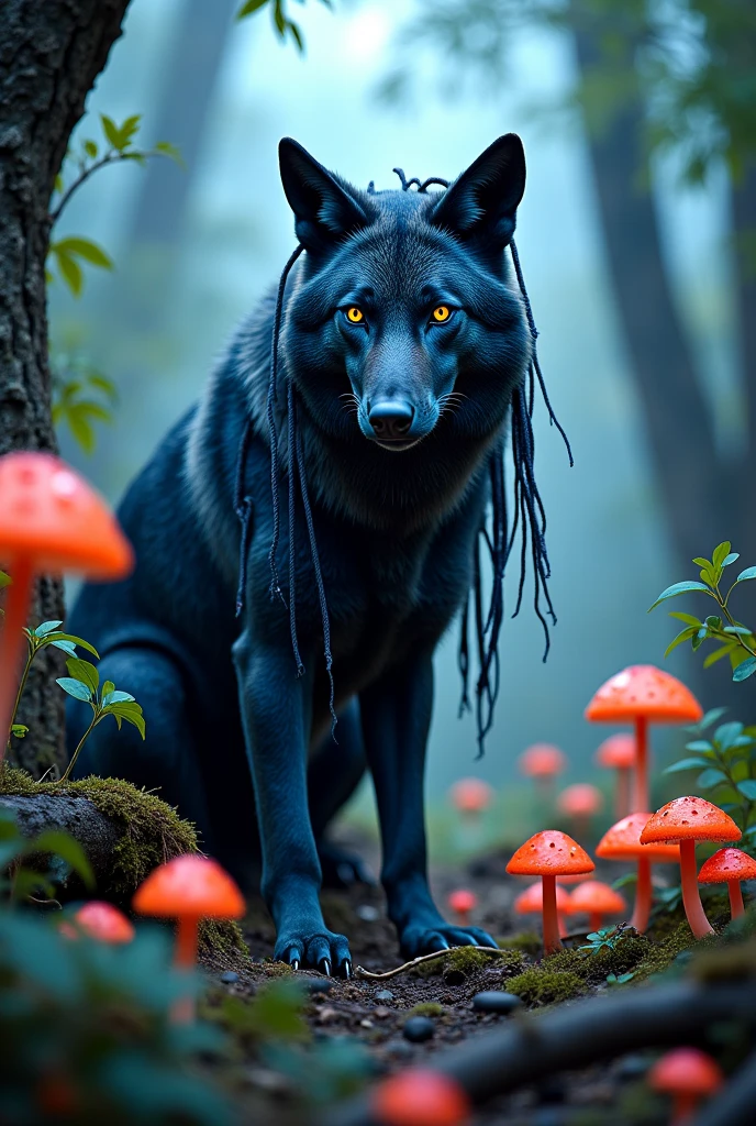 Un cyber lupo con i dreadlocks in una foresta velenosa, detailed cyber ...