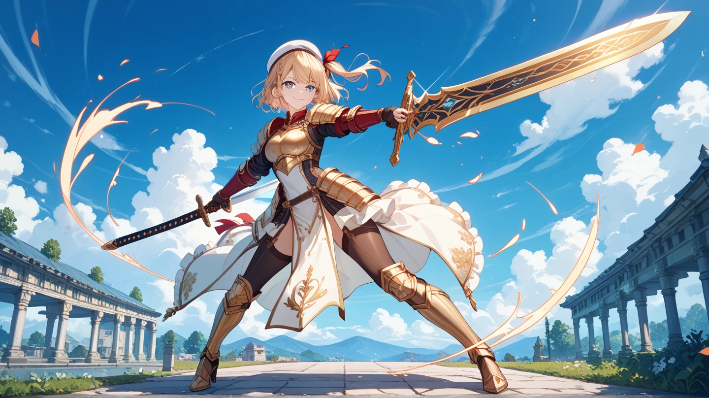 1 girl、short、slender、 is wielding a sword、 giant sword、full body ...