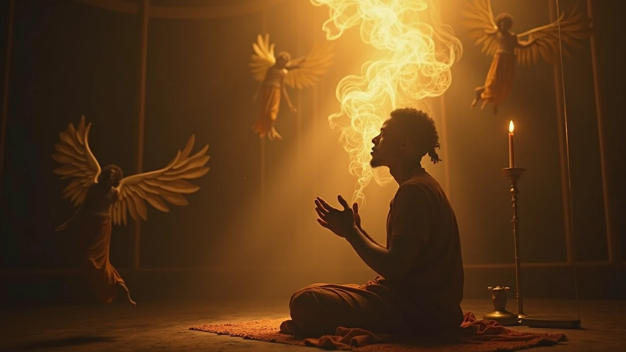 A person praying alone in their room, while golden smoke (symbolizing ...