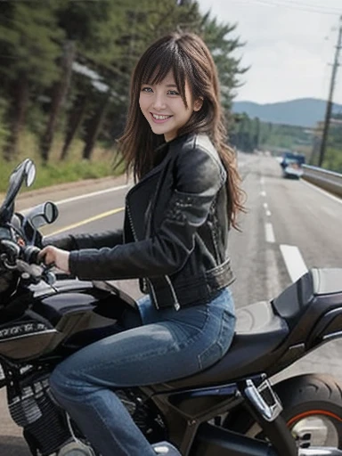 Riding a motorcycle on the highway, bare skin, black leather jacket ...