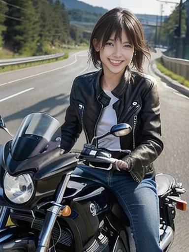 Riding a motorcycle on the highway, bare skin, black leather jacket ...