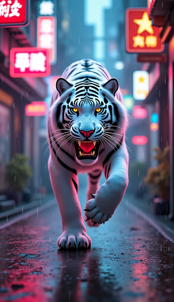 HDR photography of a cyborg white tiger sleek metallic fur interlaced ...