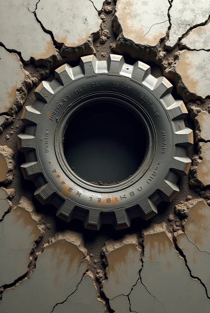 Create a high-resolution off-road tire partially embedded in a concrete ...