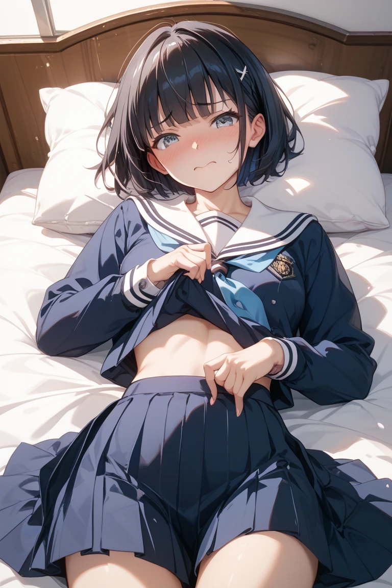 Bed、female middle school student、Xiaoyan、embarrassed face、uniform - SeaArt AI