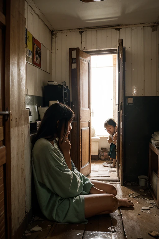 A highly realistic, photojournalistic image of a small, run-down home ...