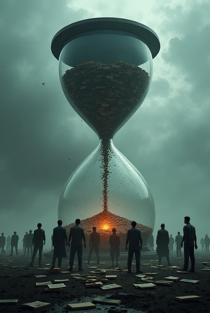Giant hourglass where media books trickle instead of sand. People ...