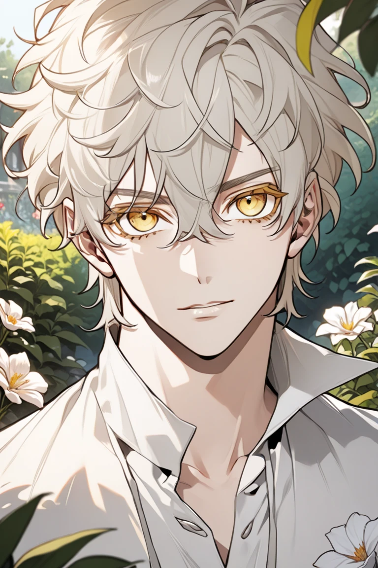 Manhwa boy, handsome face, yellow eyes, white hair, looking at the ...