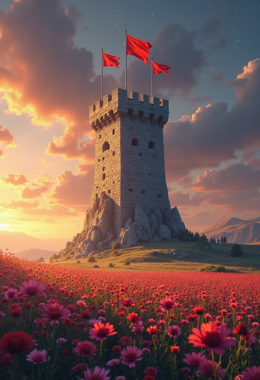 A large medieval defense tower made of boulders, on its top to the ...