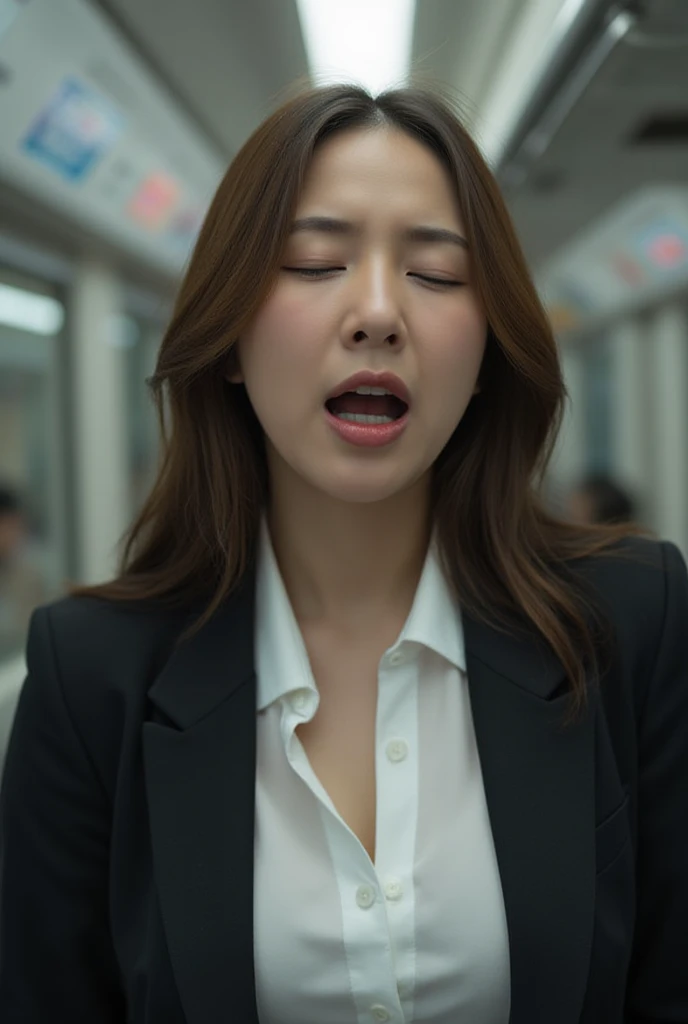 beautiful brown-haired woman closing her eyes and shouting - SeaArt AI