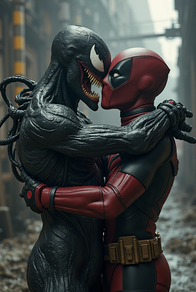 Venom hugs Deadpool like in the movie Titanic. - SeaArt AI