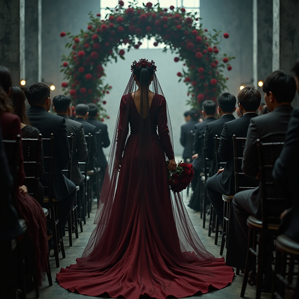 A cinematic shot of a Malay bride in dark red traditional attire with ...