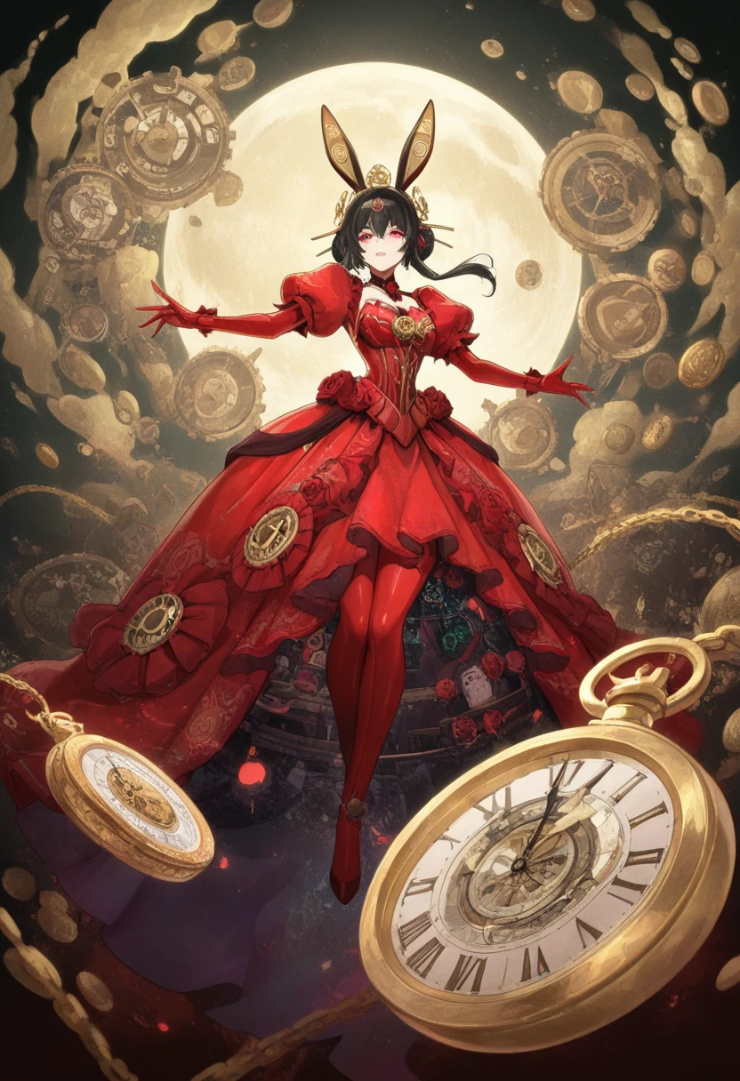 1girl,Goddess Chang'e in Baroque ballgown, moon rabbit as clockwork ...
