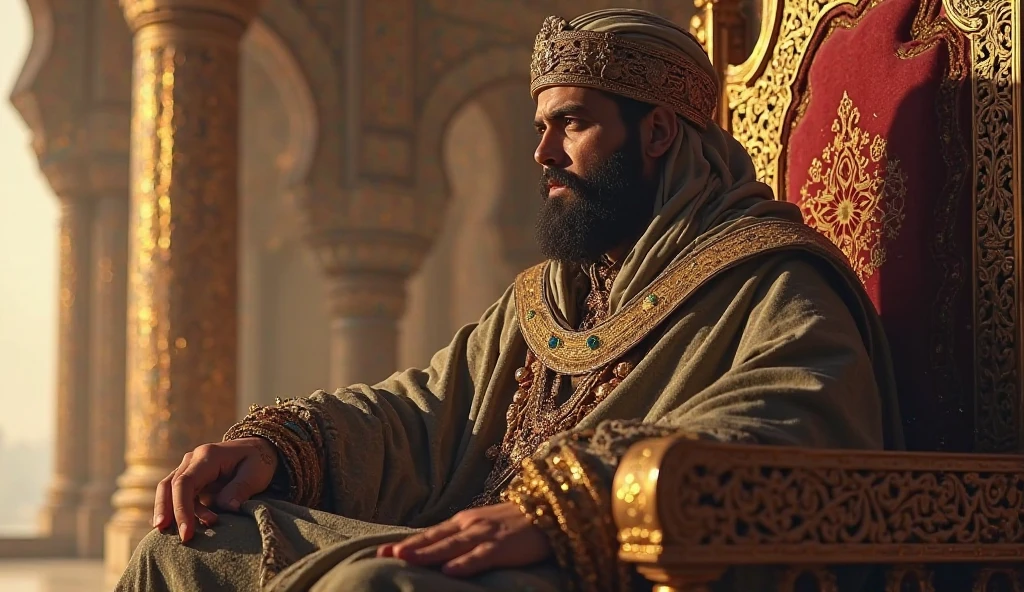 An ancient Islamic king sitting on a grand throne in a palace - SeaArt AI