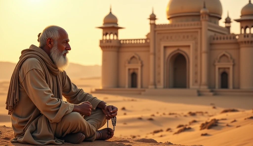 A humble old Muslim fakir sitting outside a grand palace, wearing ...