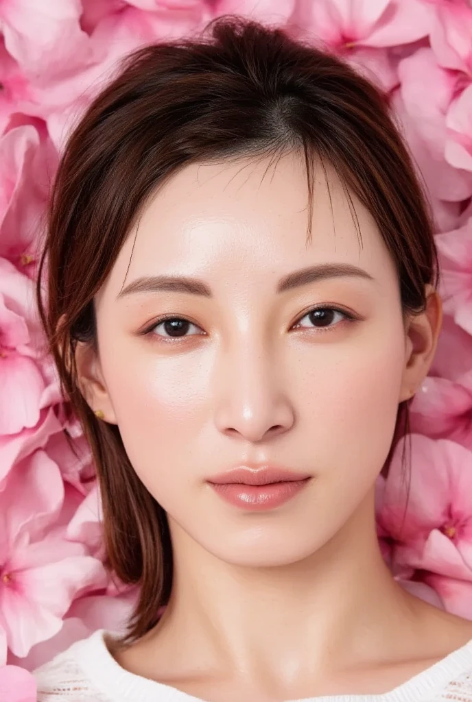 Close up of a beautiful woman's face lying on the ground covered with ...