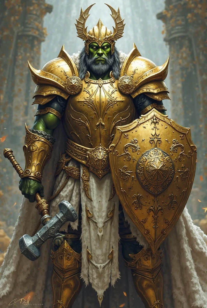Half-orc paladin with gold and white armor, pelle verde, armed with a ...