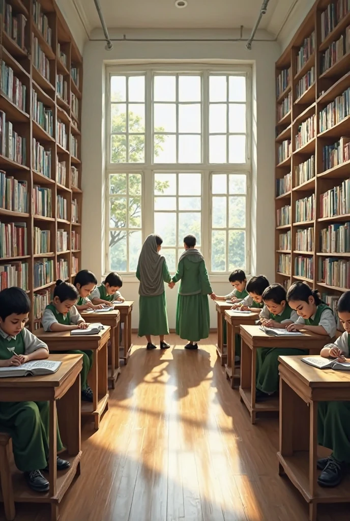 A photorealistic scene of a modern Pakistani school library. 10 ...