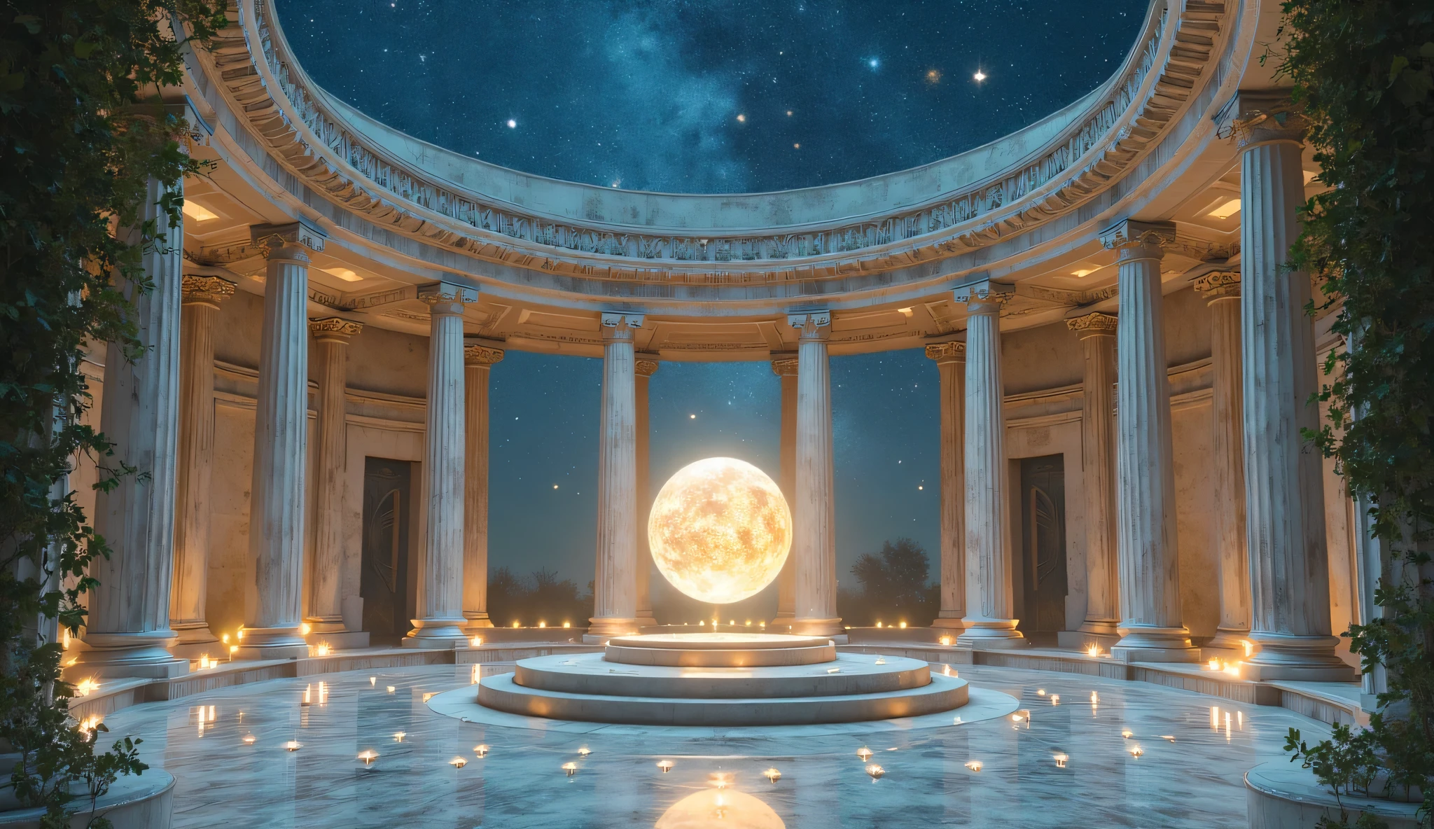 An ancient open-roof octagonal temple built of white marble, soft vines ...