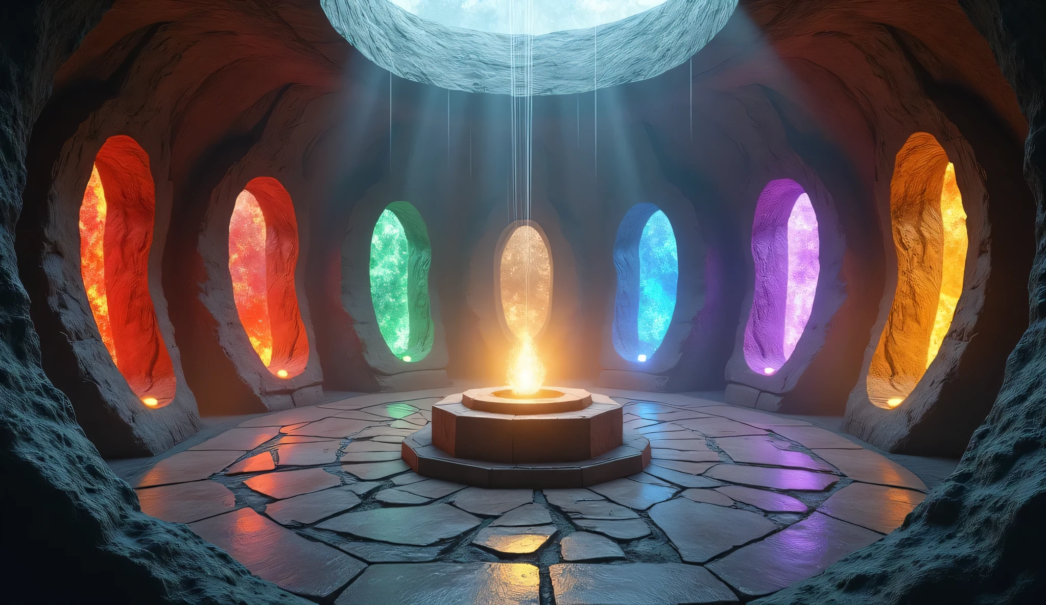 A mystical hexagonal chamber carved in ancient stone, six elemental ...