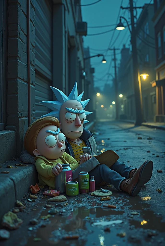 Depressed photo of rick and morty inthe gutter drinking beer late night ...