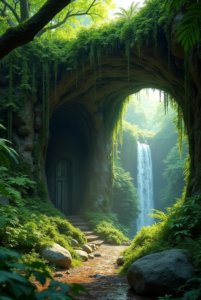 A cave in a garden - SeaArt AI