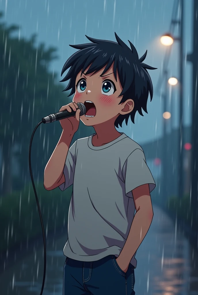 A boy singing with a microphone in the rain in anime - SeaArt AI