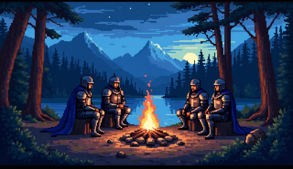 "A group of 4 medieval knights in bright dark armor and blue capes ...