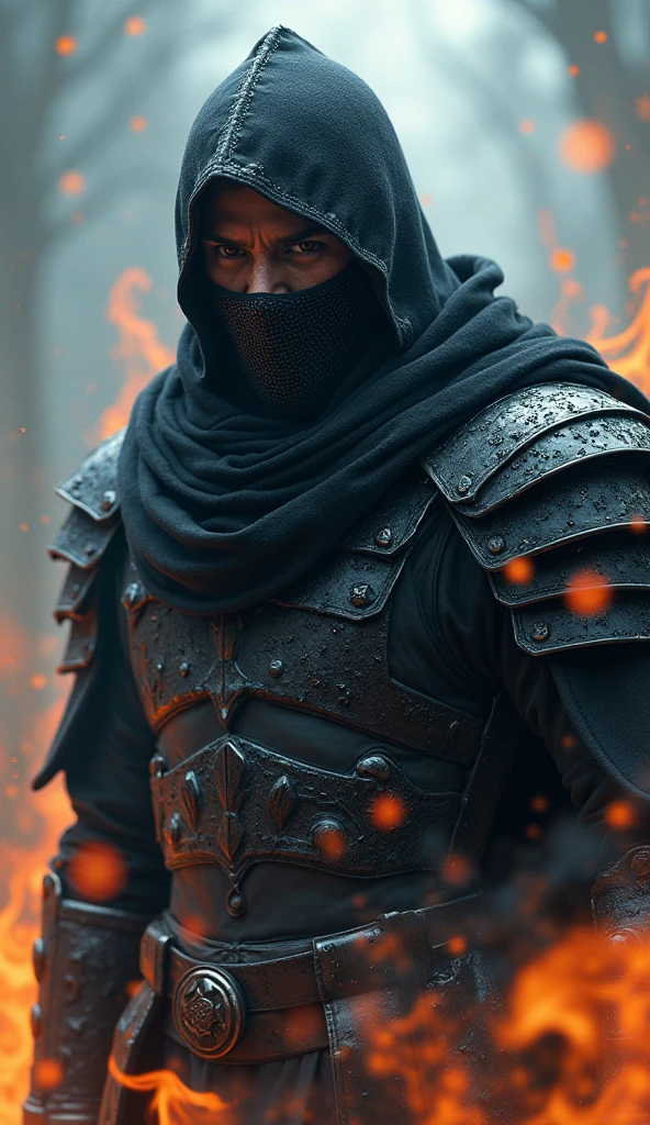 The Masked Black Warrior, frozen, surrounded by ghosts of fire - SeaArt AI