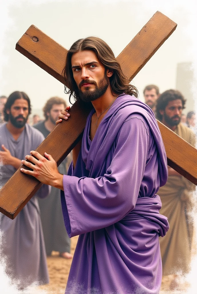 Watercolor photo of Jesus of Nazareth , Wearing a purple dress carrying ...