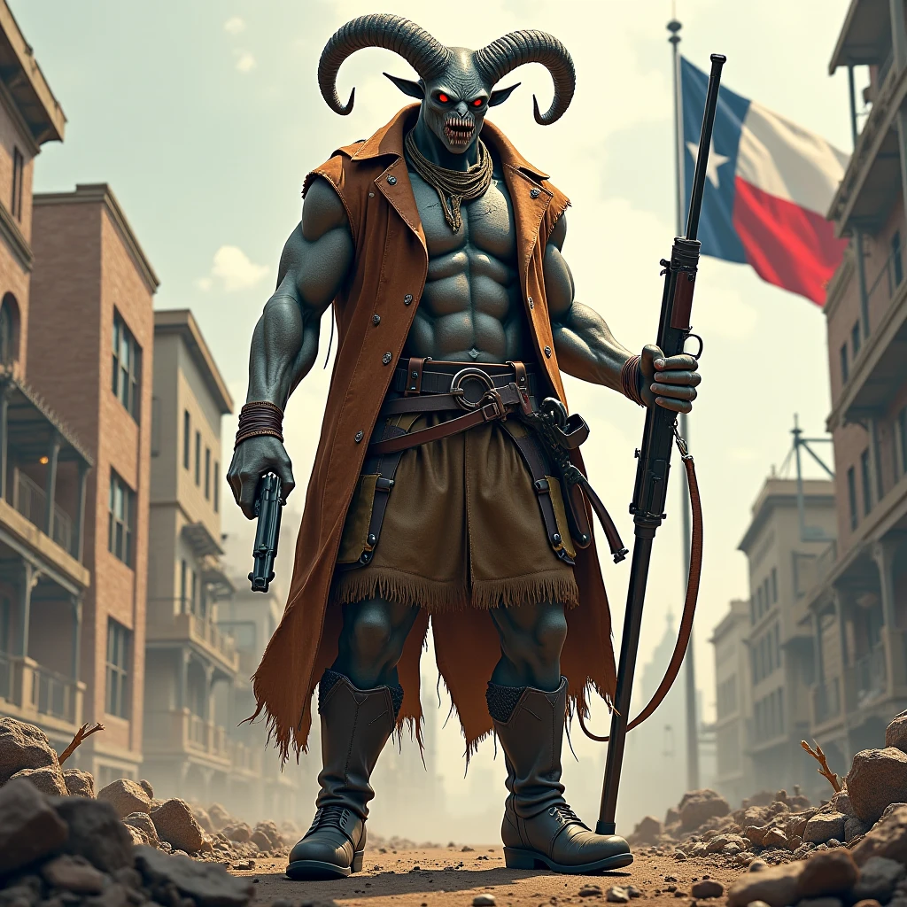 Demon with grey skin and horns in cowboy attire with lever action rifle ...