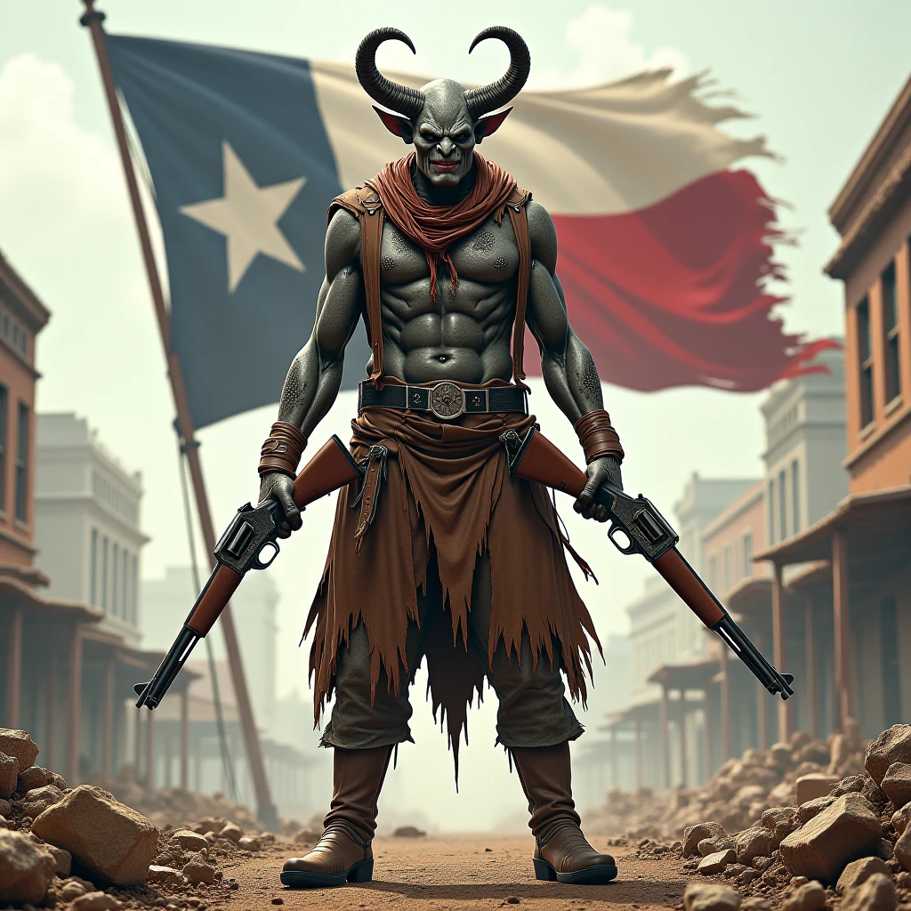 Demon with grey skin and horns in cowboy attire with lever action rifle ...
