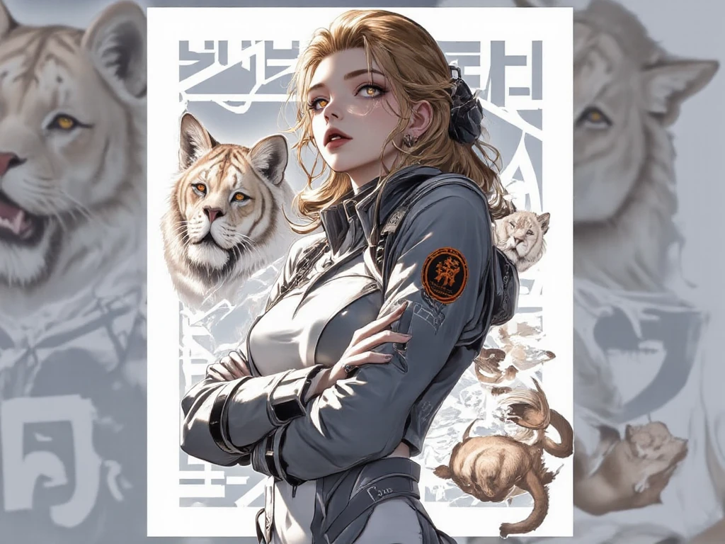 Skinny lion girl, human mixture 30% and lioness 70%. Lioness face ...
