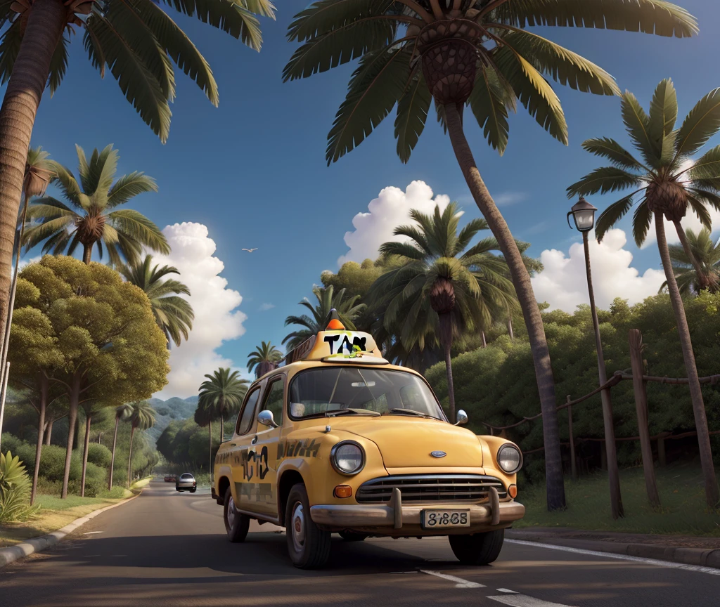An old taxi driving on a tropical road - SeaArt AI