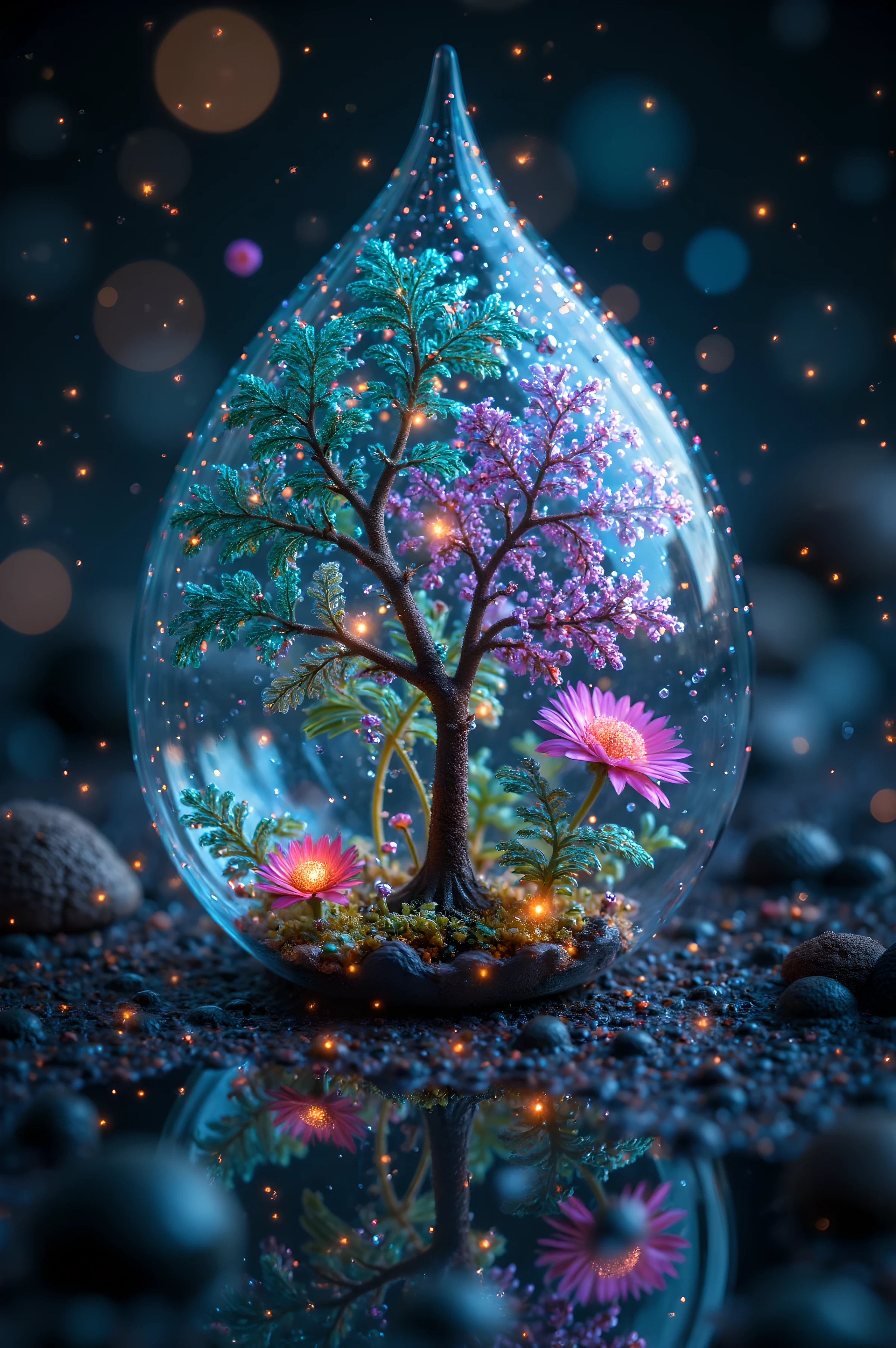 Macro view of a tiny magical forest inside a dewdrop