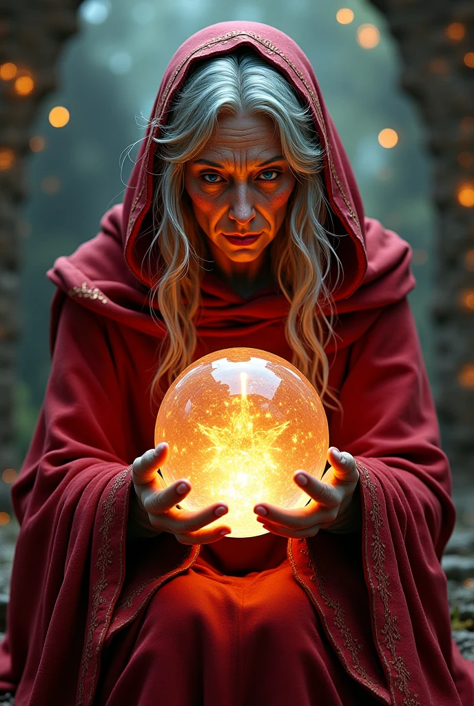 Mystical elderly fortune teller in a red cloak, silver hair, holding a ...