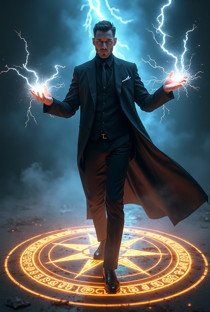 Handsome man in a black suit using lightning magic standing on a ...