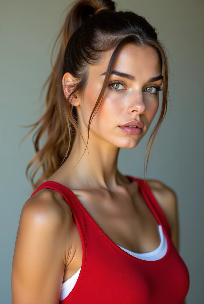 A close up of a woman with a ponytail in a red and white dress - SeaArt AI