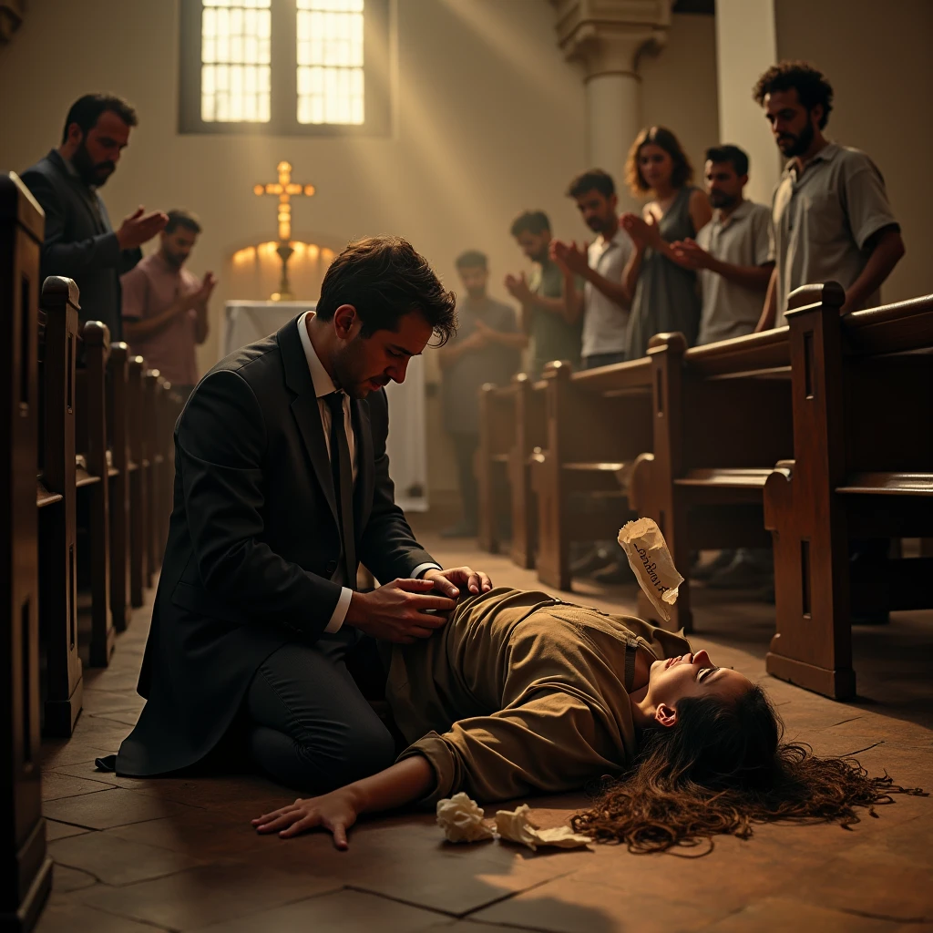 A dramatic and emotional scene inside a humble church. A thin - SeaArt AI
