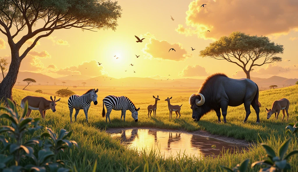 A peaceful African savannah scene with various animals eating together ...