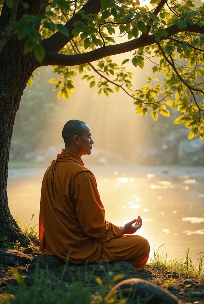 A serene Buddhist monk meditating peacefully under a Bodhi tree - SeaArt AI
