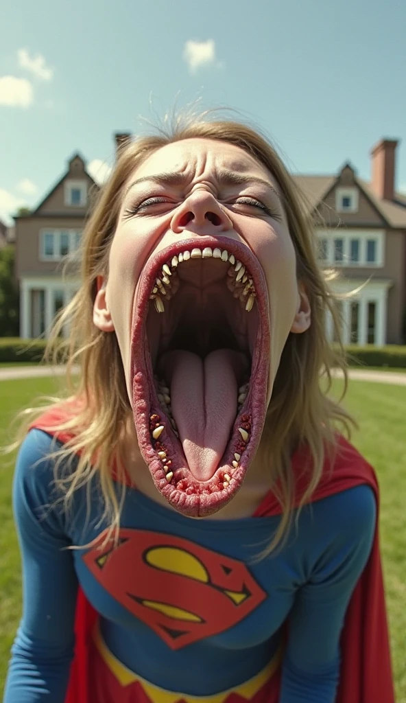 The image shows a character dressed as Supergirl, but with highly ...