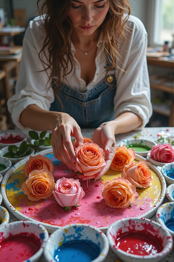 Create an artist dipping roses in paint of different colors, Painting ...