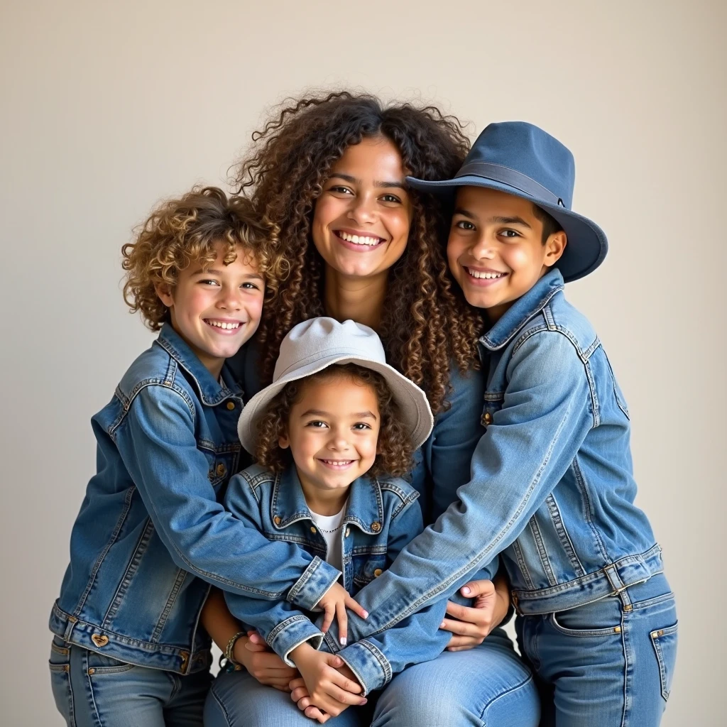 Realistic photograph of a young woman sitting with three young ren ...