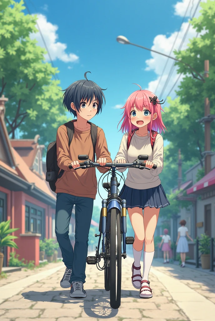 A couple anime move a bike together - SeaArt AI