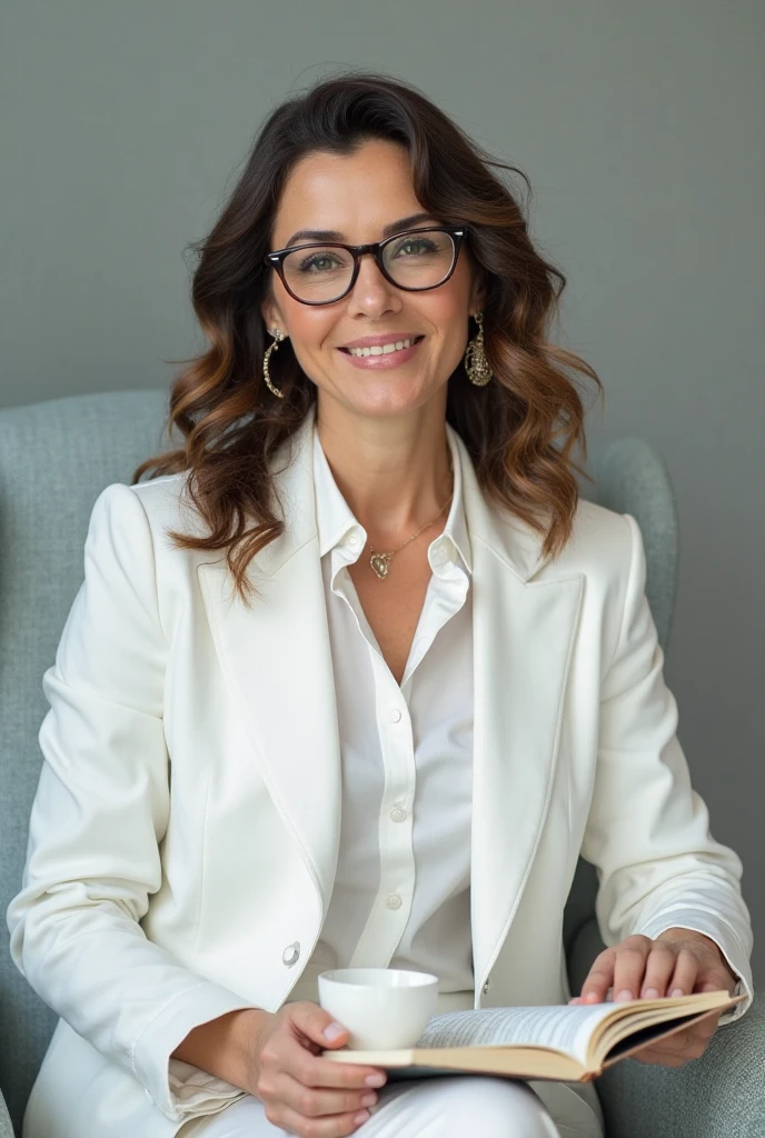 Create the image of a psychologist with wavy dark brown hair and a ...